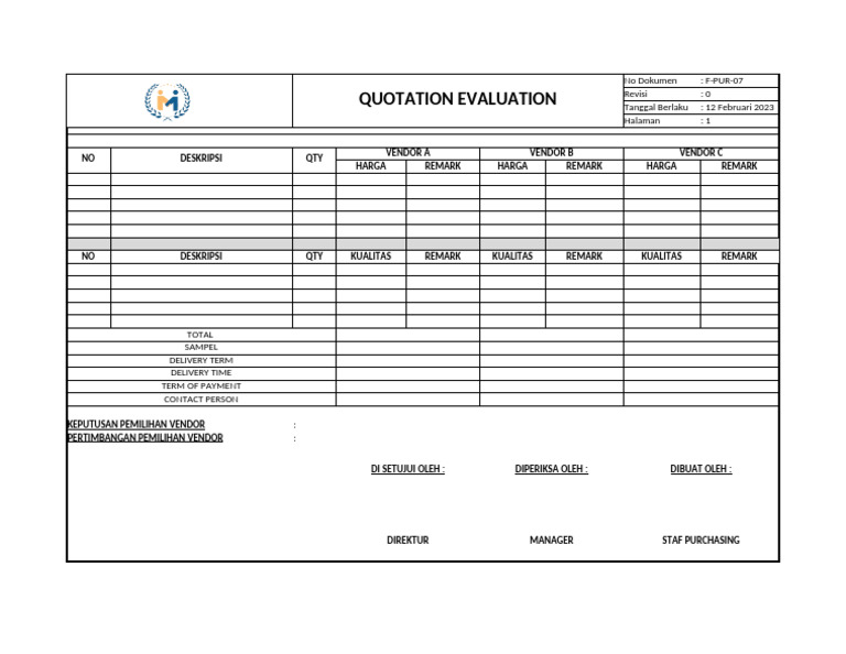 F-PUR-07 Form Quotation Evaluation - UBB | PDF