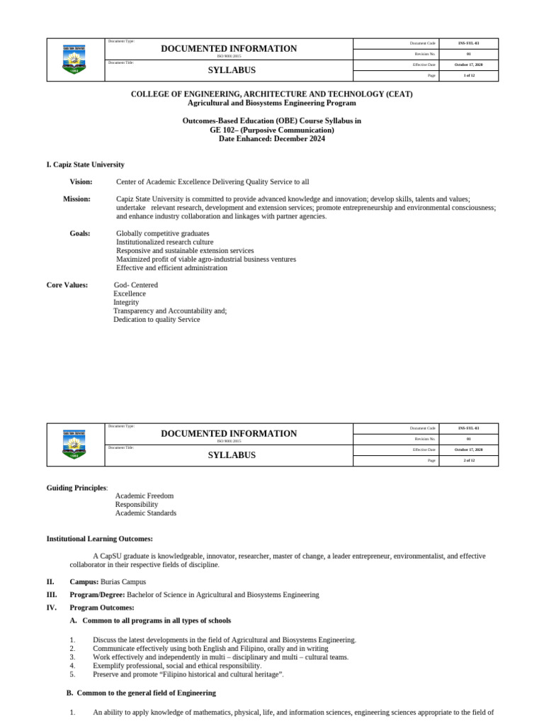 GE 102 Purposive Communication Syllabus | PDF | Engineering | English ...