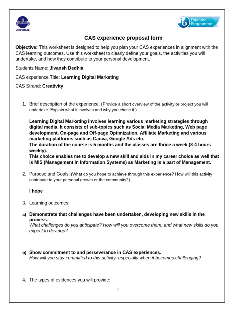 CAS experience proposal sheet | PDF | Marketing | Behavior Modification