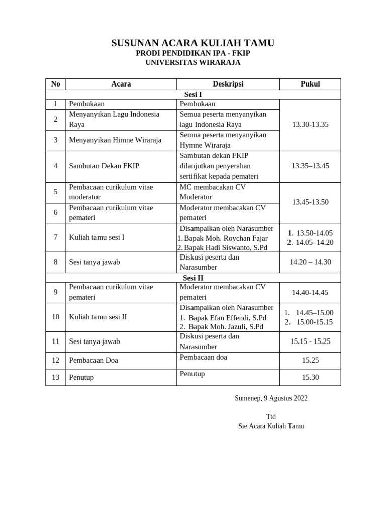 Susunan Acara Kuliah Tamu | PDF