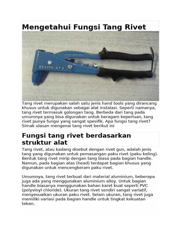 Materi DDK 6 Februari 2024 Mengetahui Fungsi Tang Rivet | PDF
