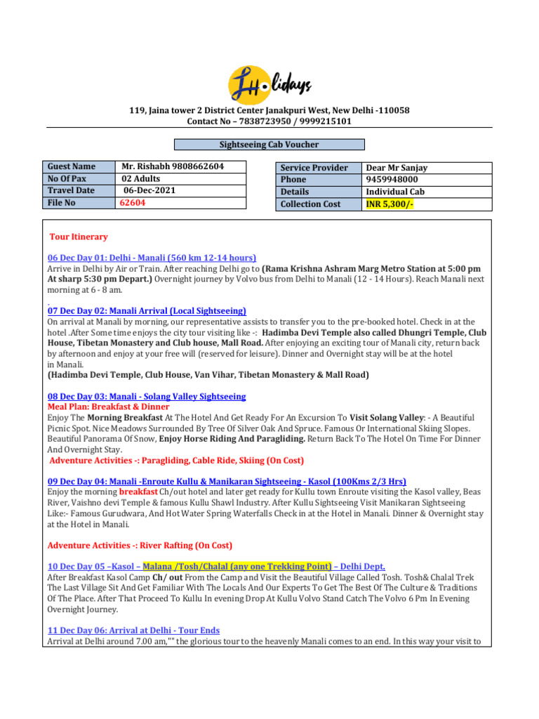 Rishabh CabVoucher Itinerary | PDF