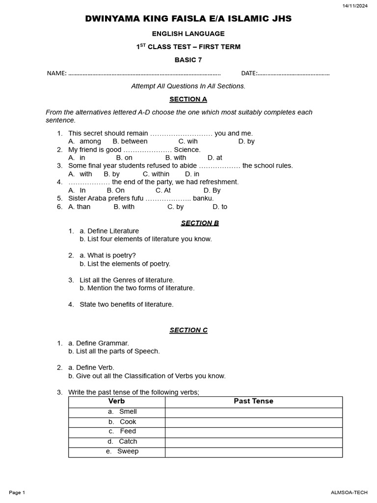 ENGLISH CLASS TEST | PDF