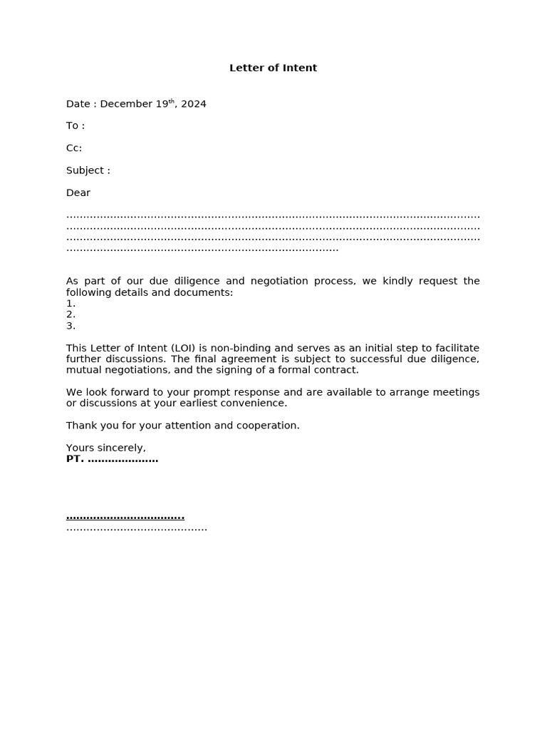 Non-Binding Letter of Intent Template | PDF