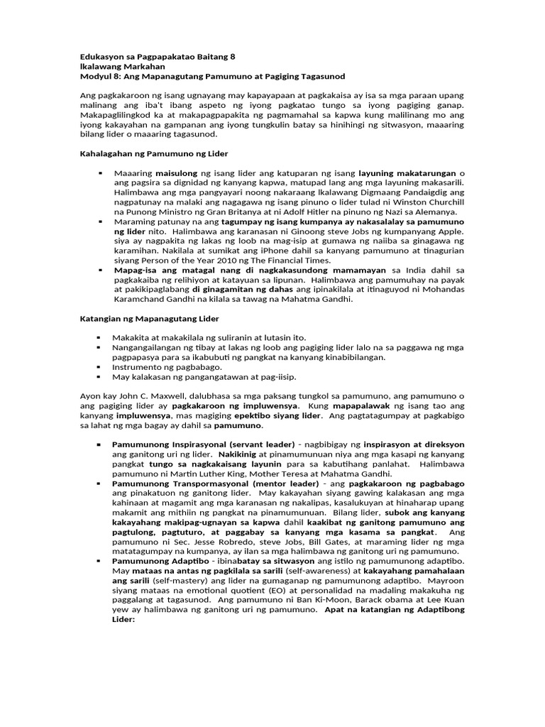 Module 8 Ang Mapanagutang Pamumuno at Pagiging Tagasunod | PDF