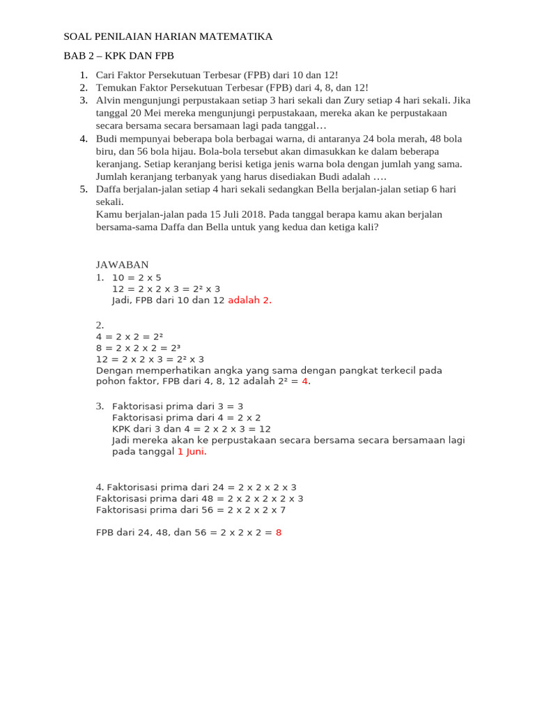 Soal PH MTK Bab 2 FPB KPK | PDF