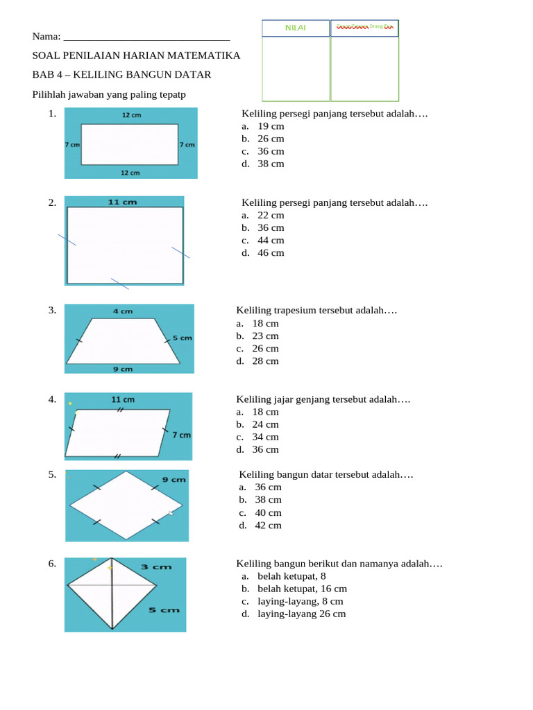 Soal PH MTK Bab 4 Keliling Bangun Datar | PDF