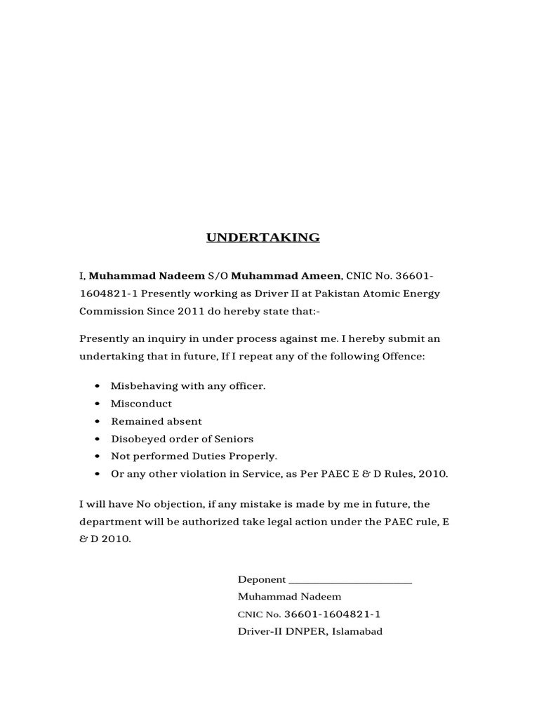 UNDERTAKING Muhammad Nadeem | PDF