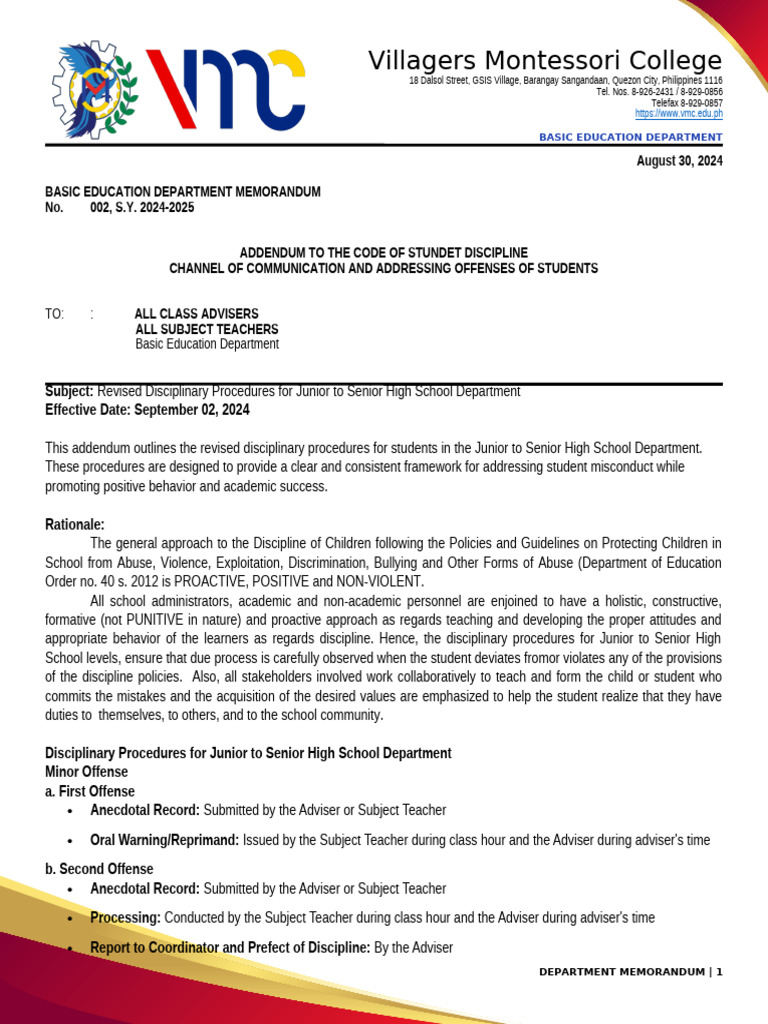 Basic-Education-Memorandum-No.-002-s.-2024-ID-Addendum To Disciplinary Procedures | PDF ...