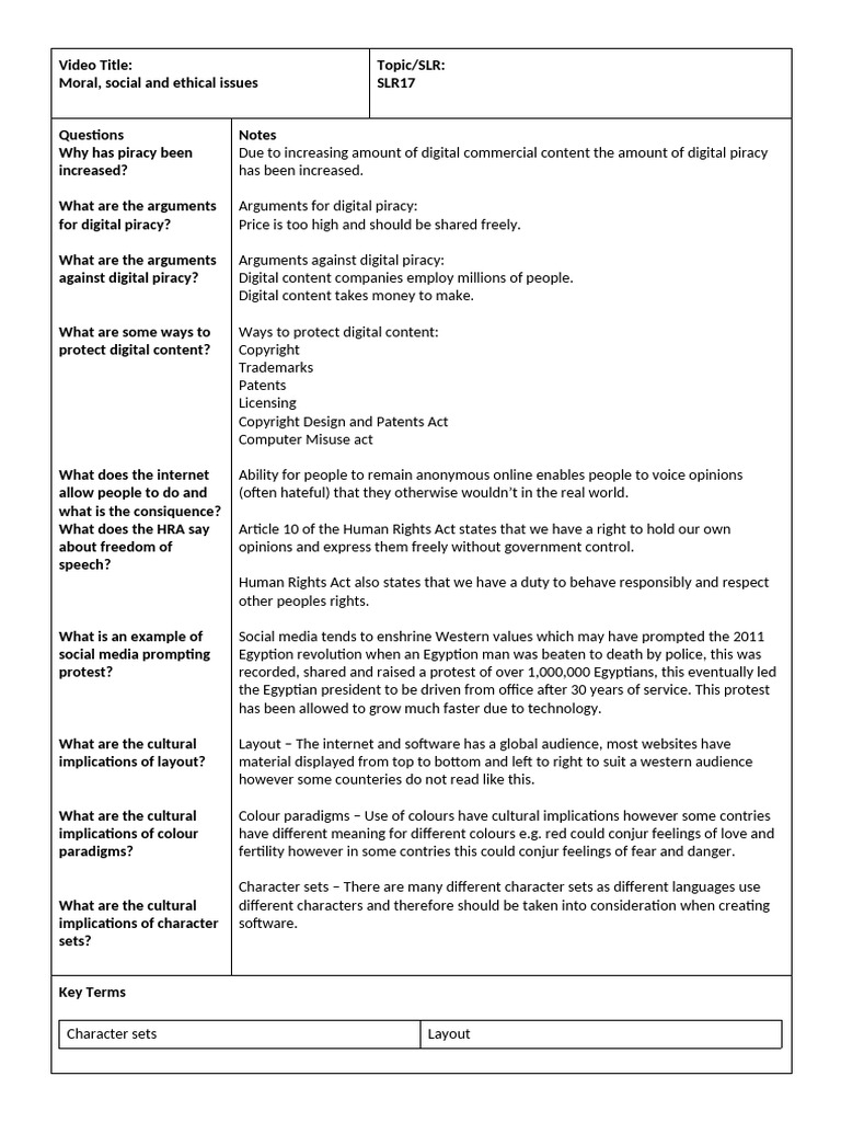 Cornell Notes Ethical, Moral and Social Issues | PDF | Copyright ...