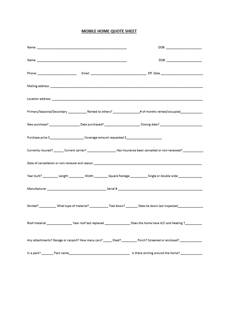 Mobile Home Insurance Quote Sheet | PDF