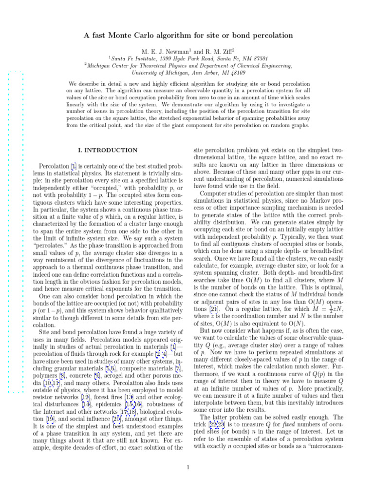 Fast Monte Carlo Algorithm For Site or Bond Percolation | PDF | Probability Distribution ...