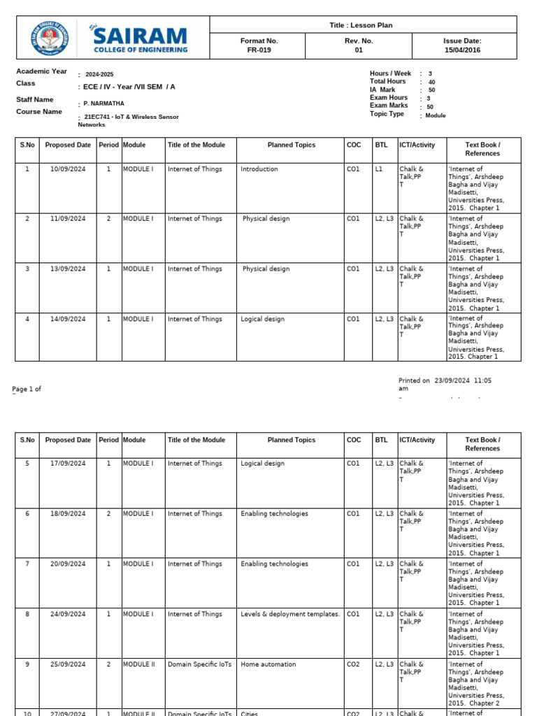 IOT & WSN lesson plan | PDF | Wireless Sensor Network | Internet Of Things