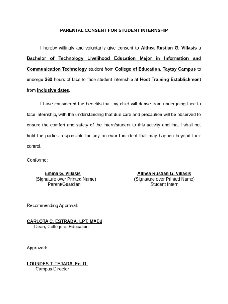 Parental Consent For Student Internship | PDF