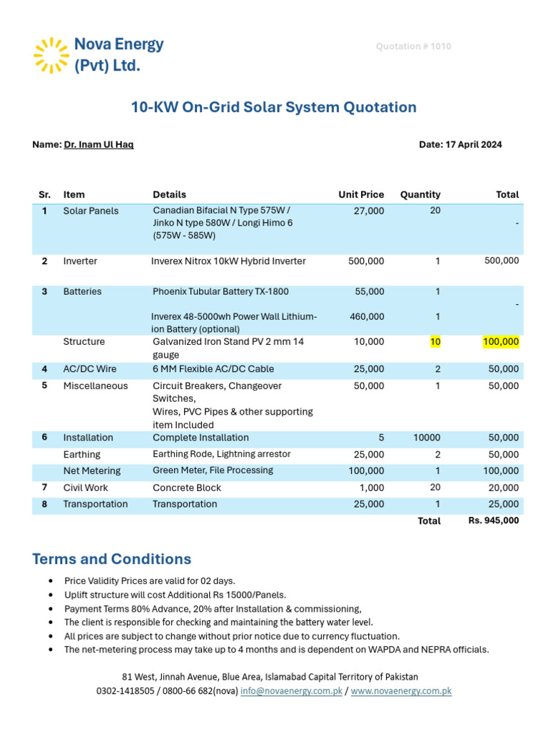 10-KW Hybrid Quotation Nova Energy Dr. Inam | PDF | Power Inverter ...