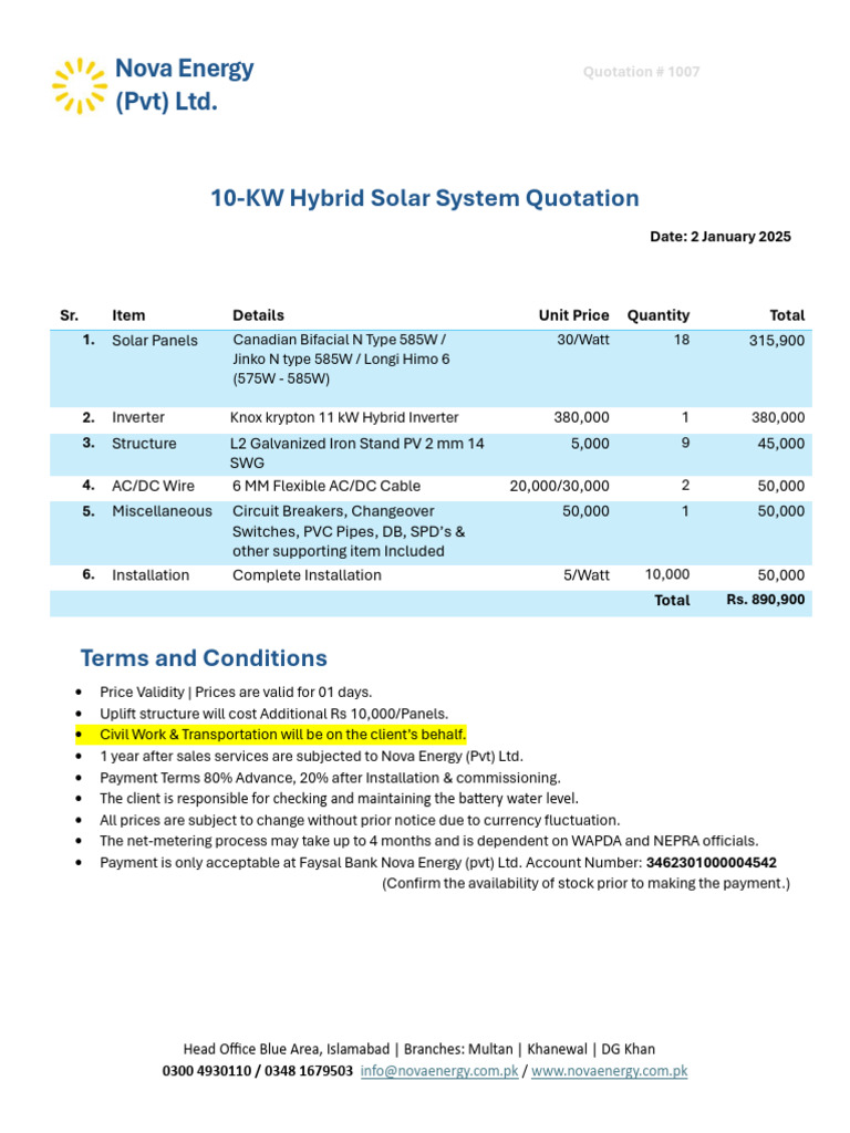 10-KW Hybrid Quotation Nova Energy | PDF | Power Inverter | Electric Power