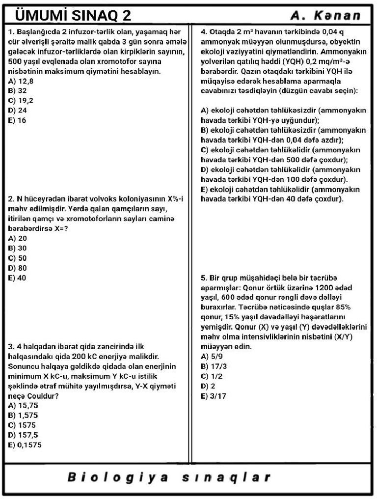 A.kənan Bi̇ologi̇ya Ümumi̇ Sinaq 2 50 Sual | PDF