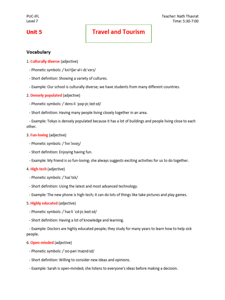 Unit 5_Travel and Tourism_Vocabulary | PDF | Rapid Transit | Transport