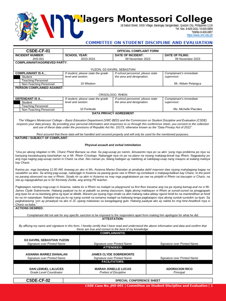 CSDE Case No. JHS 001 Yuzon v. Crisologo SY 2023 2024 | PDF