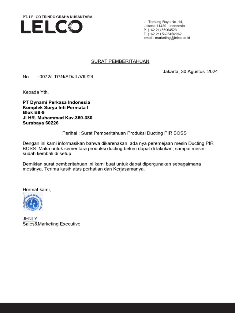 0072.Surat Pemberitahuan DUcting PIR BOSS- PT Dynami (JL) | PDF