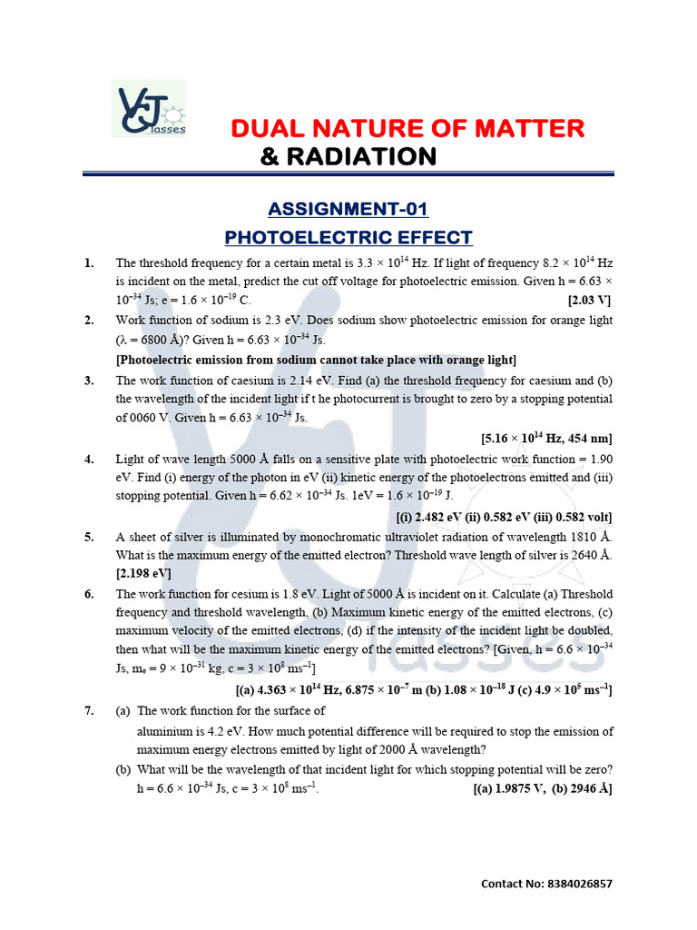 Dual Nature of Matter Assignment 1 (1) | PDF | Photoelectric Effect | Electronvolt