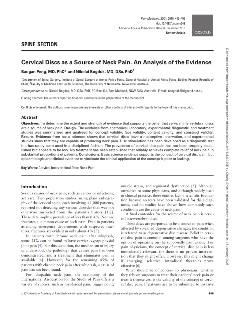 Cervical Discs As A Source of Neck Pain. An Analysis of The Evidence ...