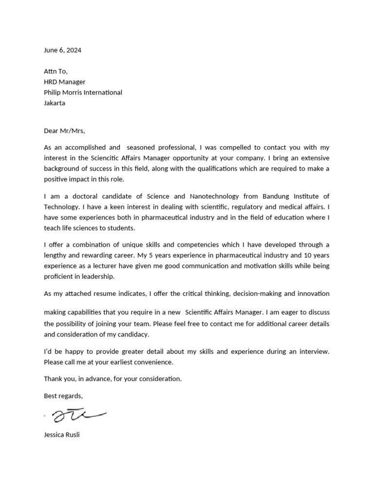 Cover Letter Jess (Philip Morris) | PDF