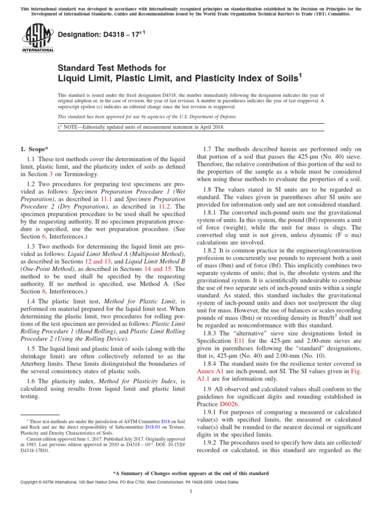 D4318 Liquid Limit, Plastic Limit, and Plasticity Index of Soils (2017 ...