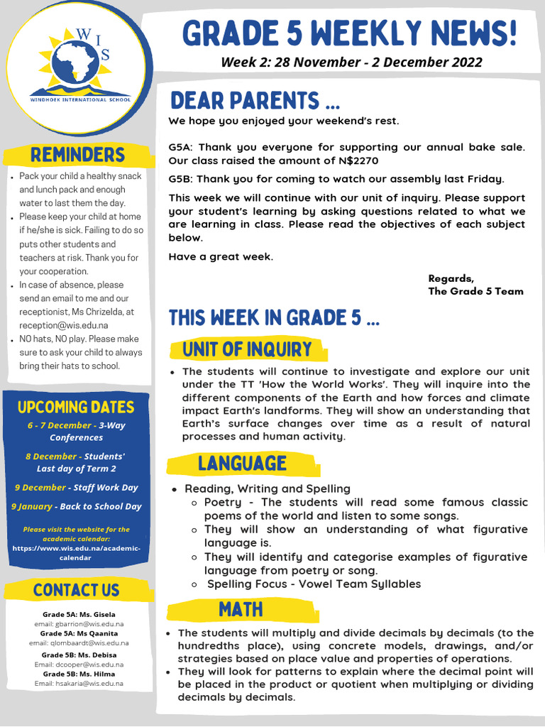 28 Nov - 2 Dec - Grade 5 Weekly Newsletter | PDF | Linguistics