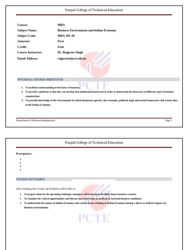 Course Module MBA 105 - 18-Business Environment and Indian Economy MBA IB 2022-24 SEC B Dr ...