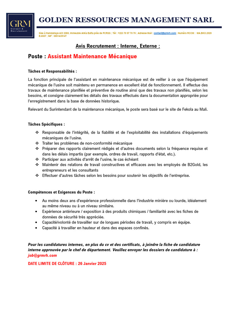 Recrutement : Assistant Maintenance Mécanique | PDF