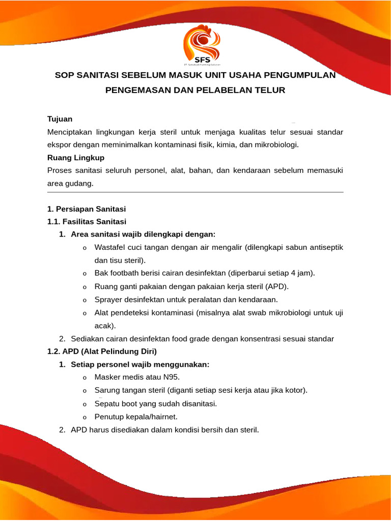 Sop Sanitasi Sebelum Masuk Unit Usaha Pengumpulan Pengemasan Dan Pelabelan Telur | PDF