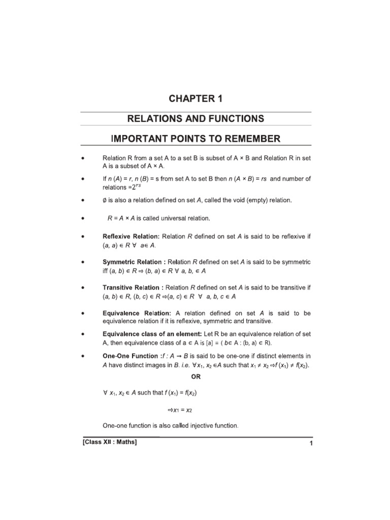 CBSE Class 12 Maths Relations Functions Notes Question Bank | PDF ...