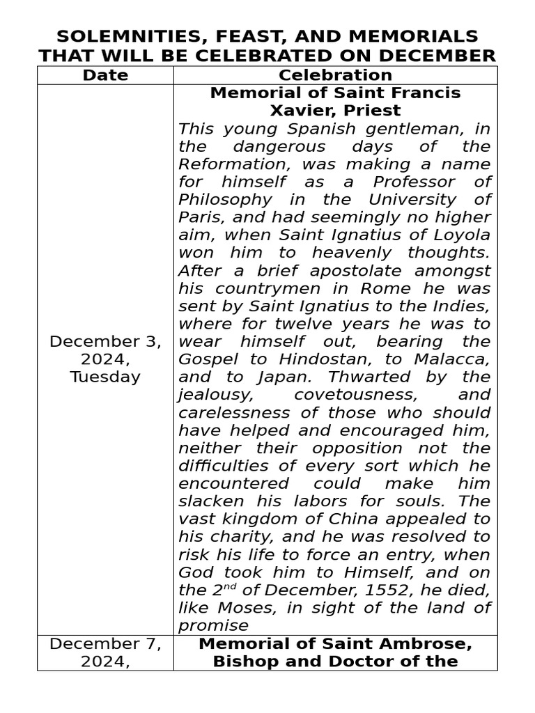 Solemnities, Feast, and Memorials, That Will Be Celebrated On December ...