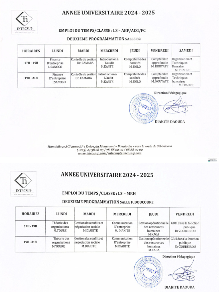 Emploi du temps Licence deuxième program | PDF