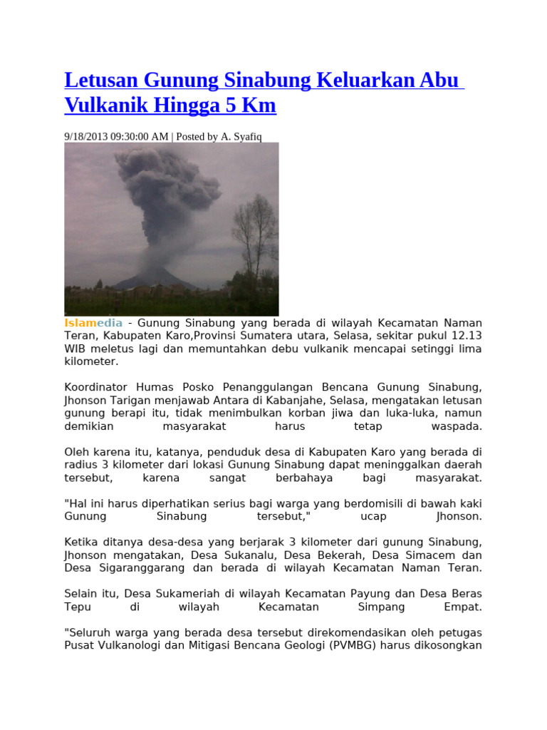 Letusan Gunung Sinabung Keluarkan Abu Vulkanik Hingga 5 Km | PDF