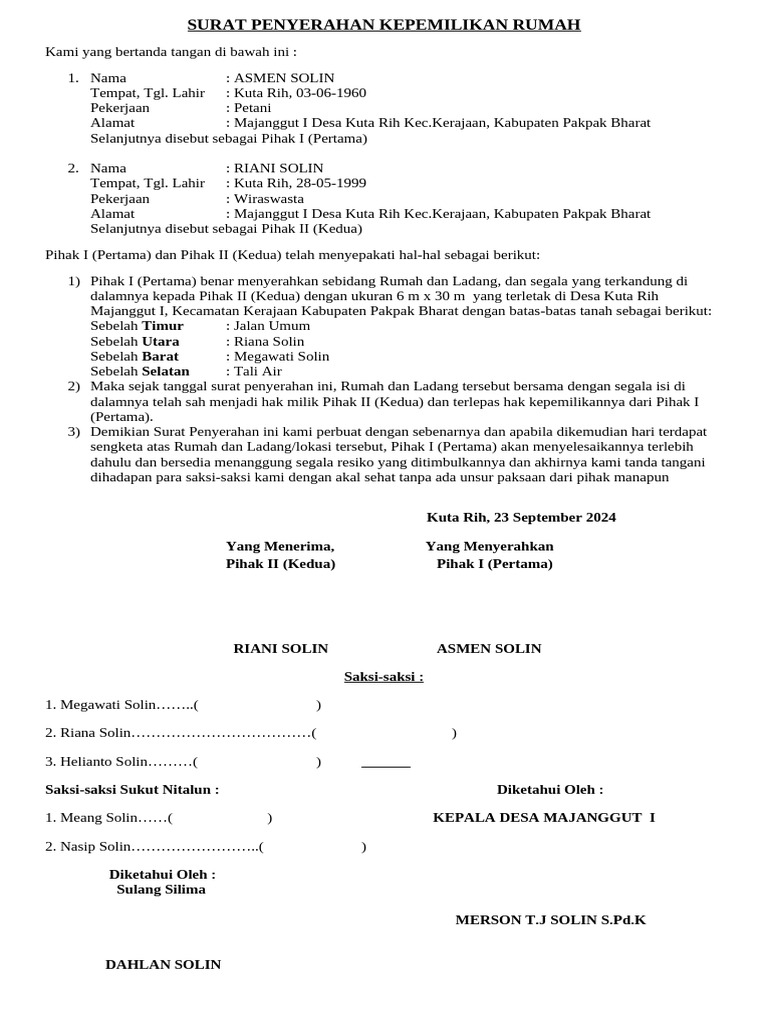 Asmen Solin Surat Penyerahan Kepemilikan Tanah | PDF