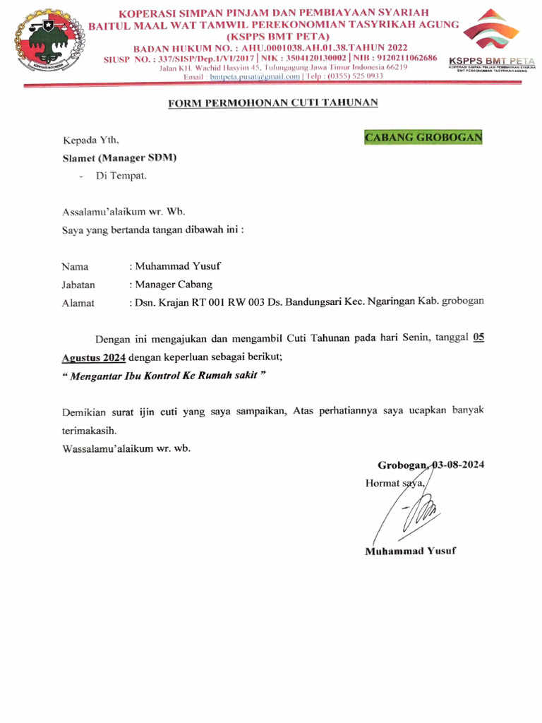 05.surat Keterangan Ijin Cuti-Muhammad Yusuf-Cabang Grobogan-Agustus ...