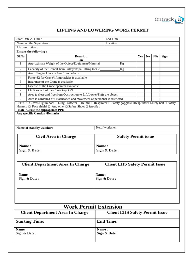 Lifting and Lowering Work Permit PDF | PDF