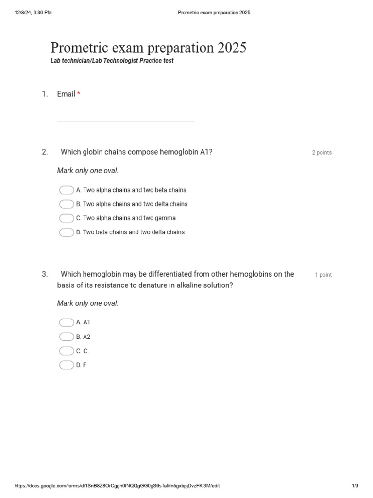 Prometric Practice test 2025 - Google Forms | PDF | Urine | Hemoglobin