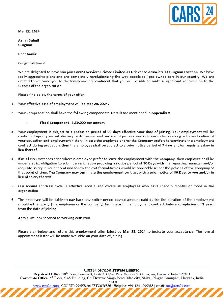 Cars24 Employment Offer Letter Details | PDF | Employment | Salary
