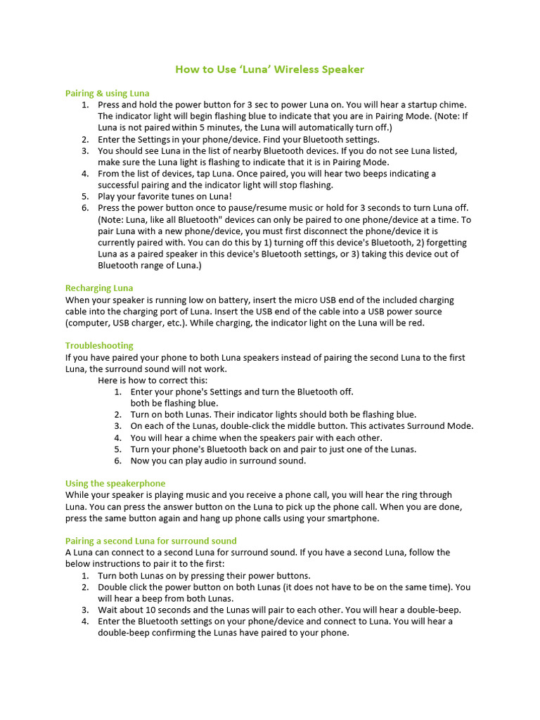 Luna Wireless Speakers Manual | PDF | Bluetooth | Usb