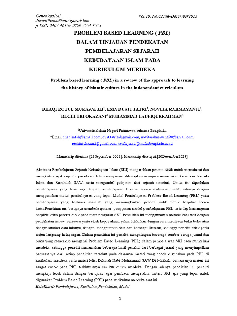 Jurnal Problem Based Learning (PBL) Dalam Pembelajaran SKI | PDF