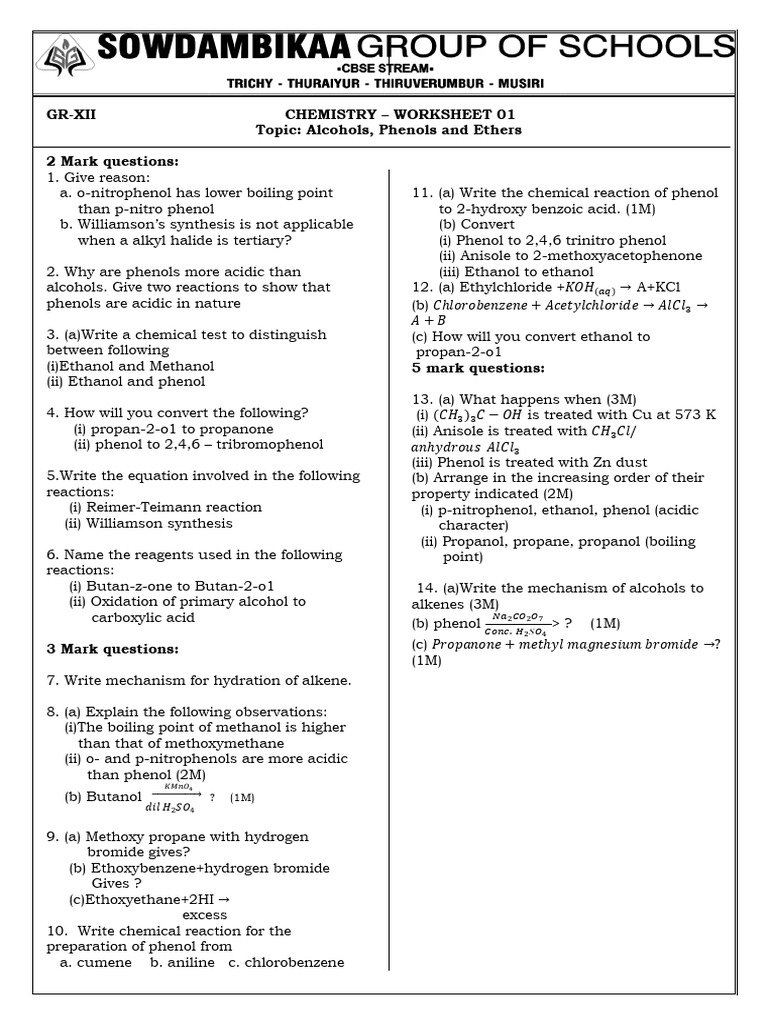 GR XII Chemistry WS 01 Alcohols, Phenols, Ethers | PDF | Ether | Ethanol