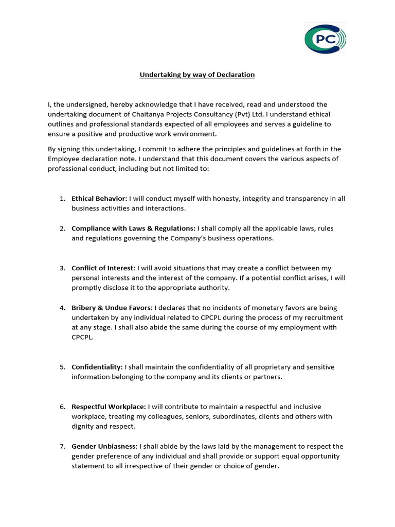 Undertaking by way of Declaration (1) | PDF | Confidentiality | Gender