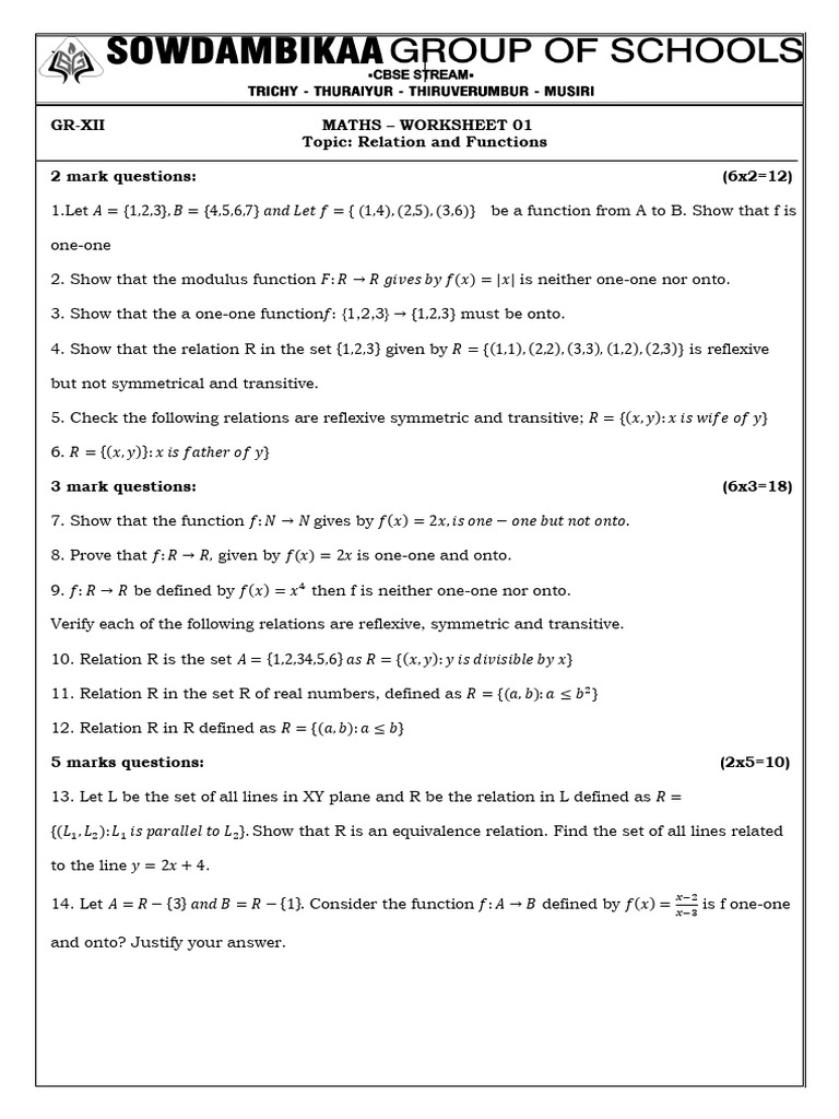 GR XII MATHS WS 01 Relation and Functions | PDF