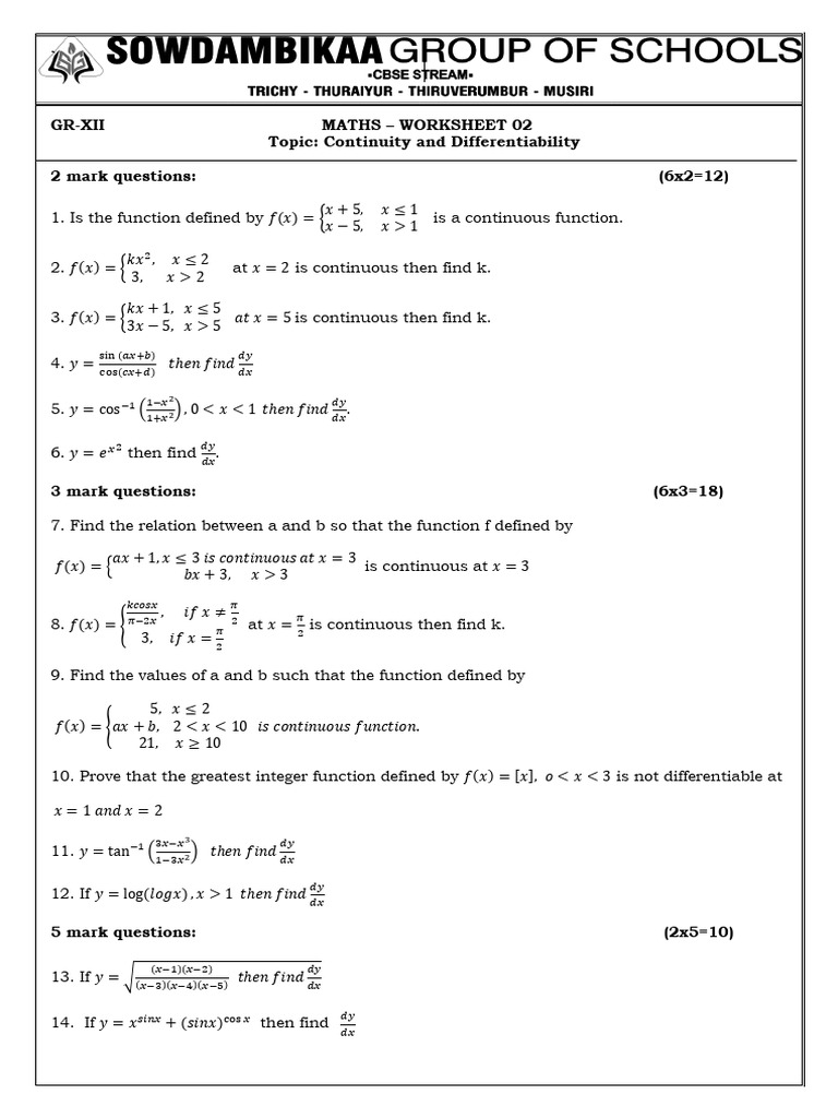 GR-XII - MATHS-WS 02 (Continuity and Differentiability) | PDF