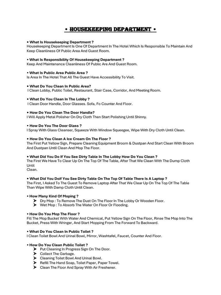 Housekeeping Procedures and Responsibilities | PDF | Housekeeping ...