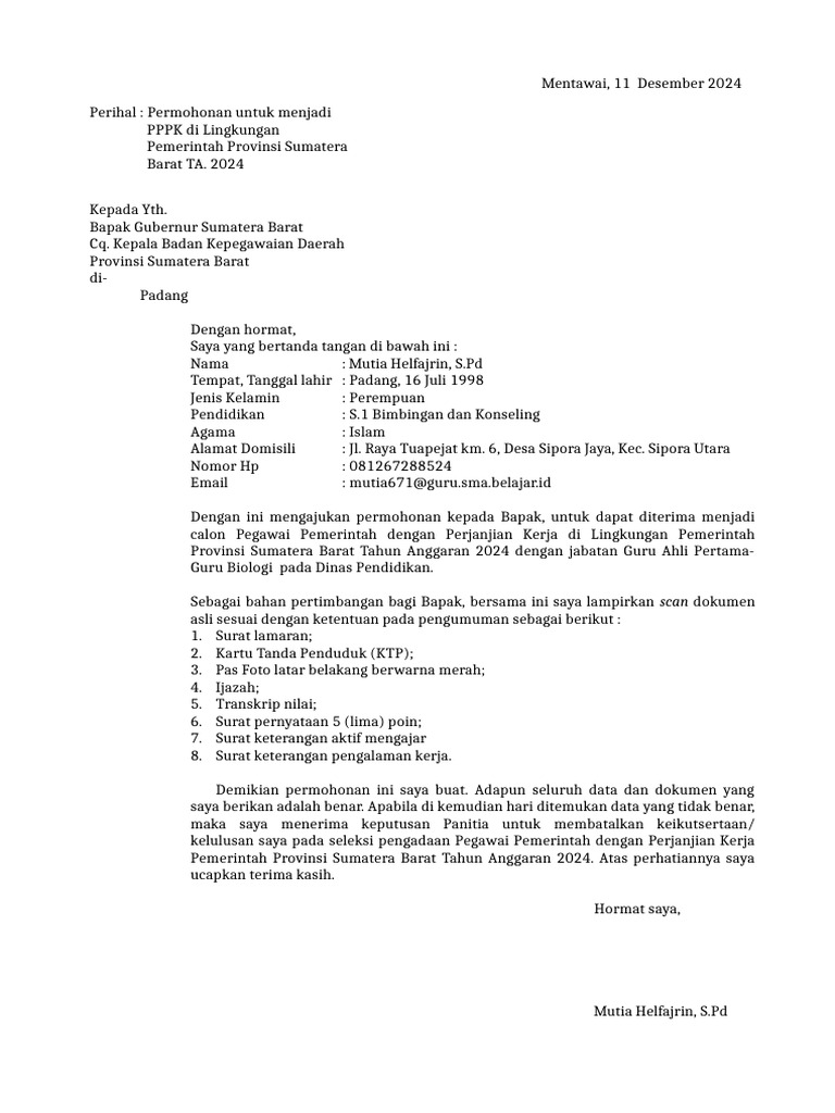 Surat Lamaran Kerja MUTIA PPPK(2) | PDF