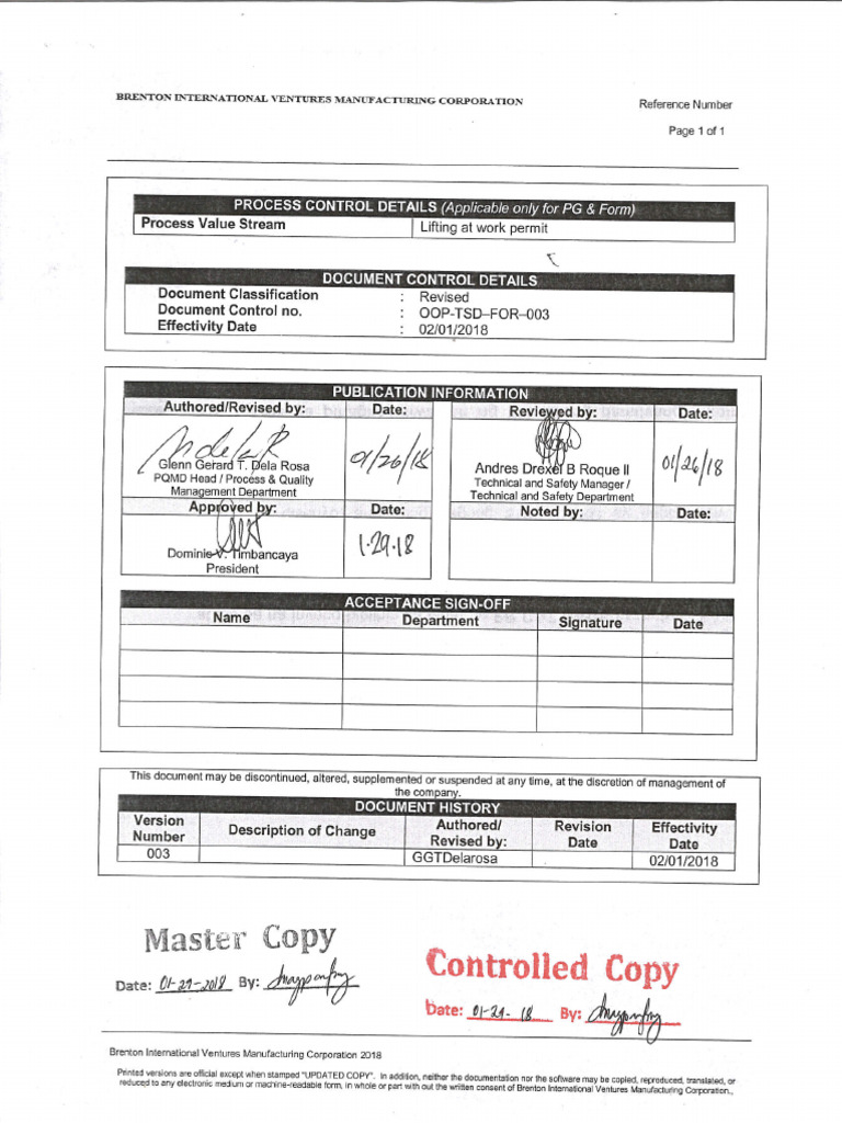 OOP-TSD-FOR-003 - Lifting at Work Permit | PDF